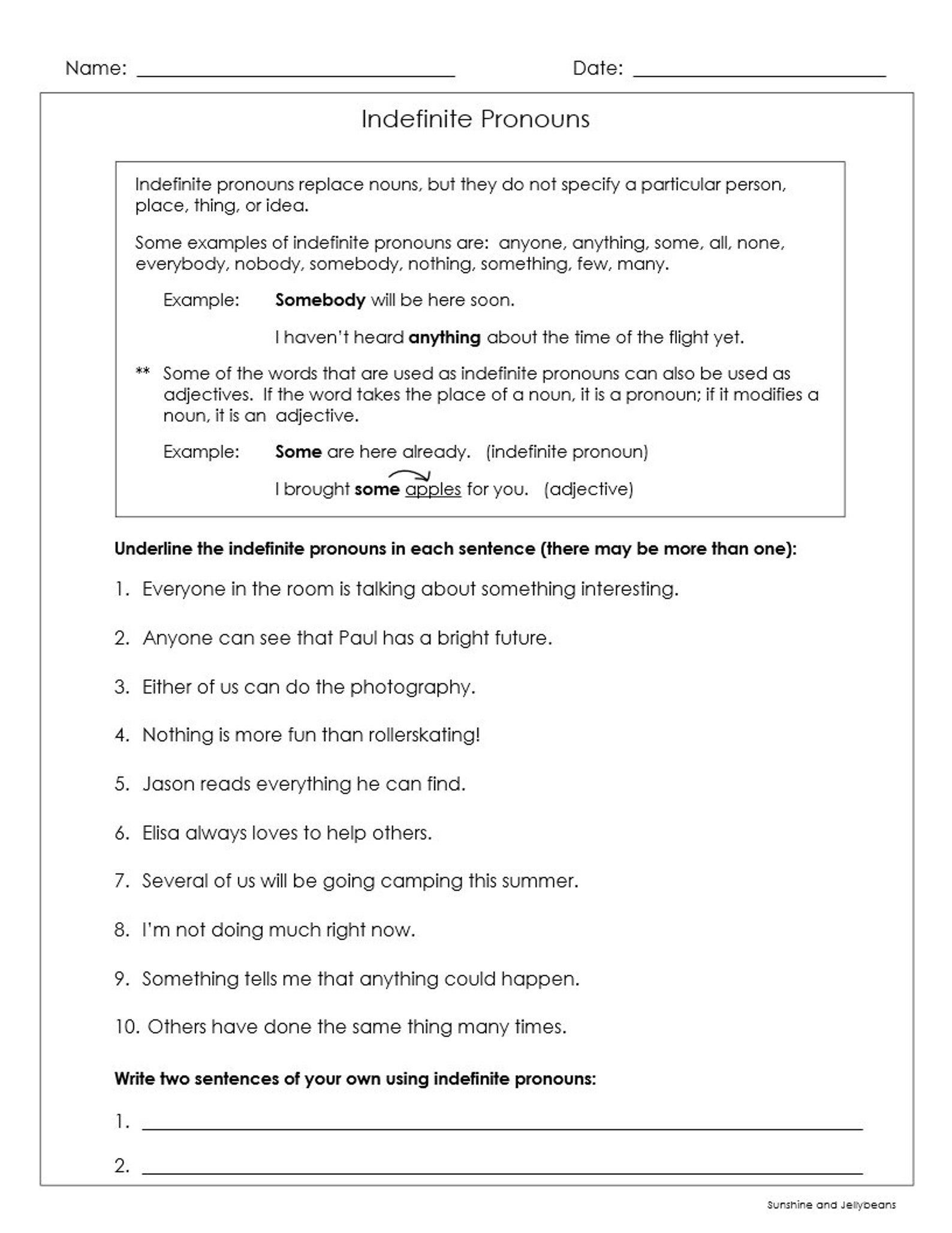 Possessive and Indefinite Pronouns - 4 Worksheets - Grades 4-5-6 ...