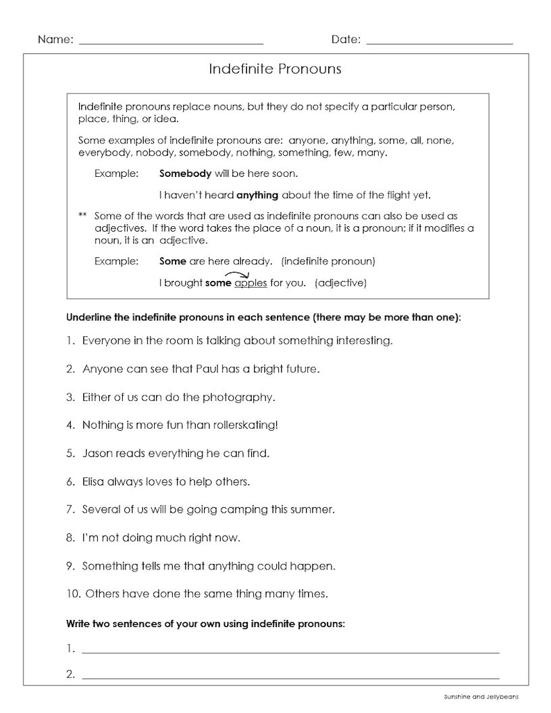 Possessive and Indefinite Pronouns - 4 Worksheets - Grades 4-5-6 ...