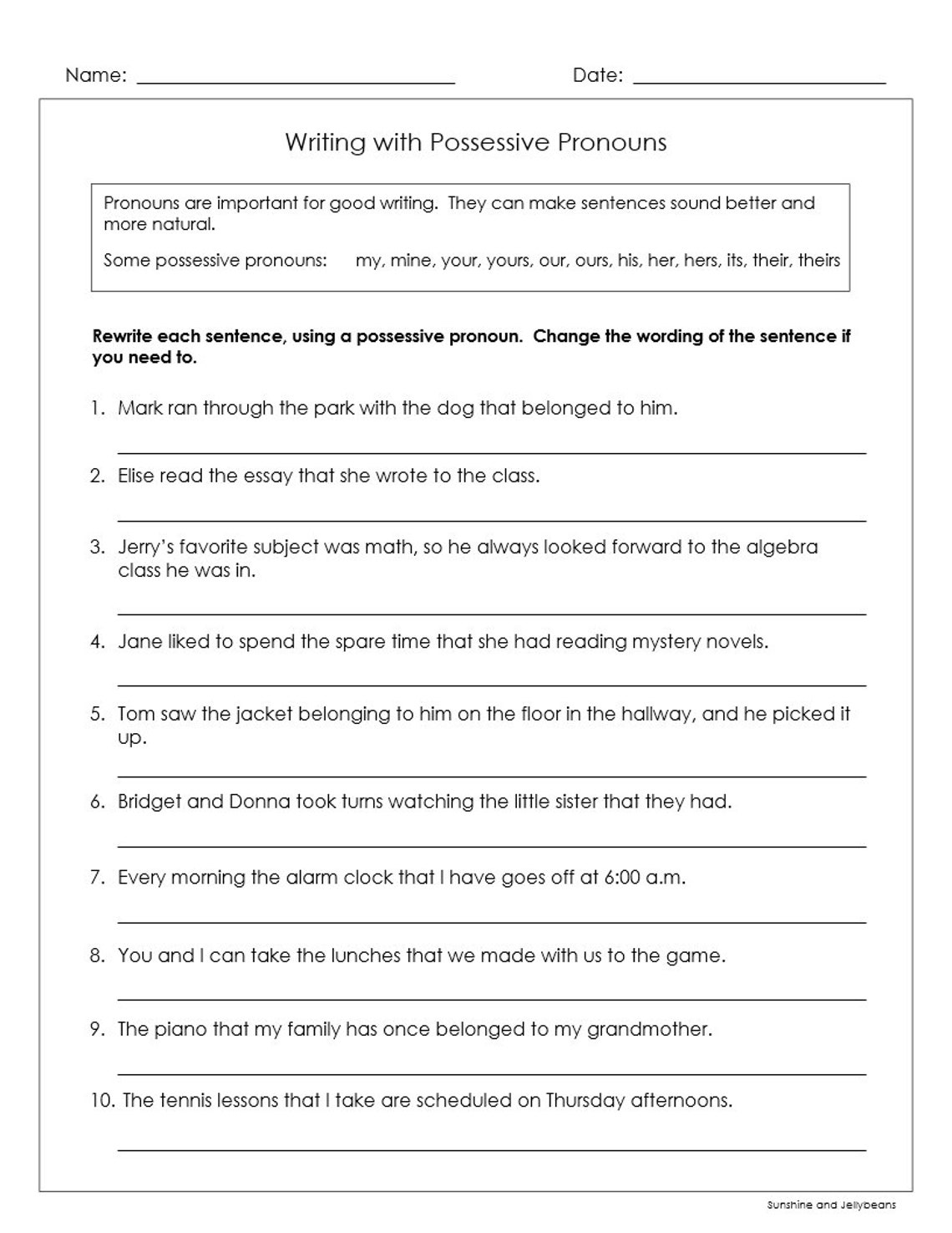 Possessive and Indefinite Pronouns - 4 Worksheets - Grades 4-5-6 ...