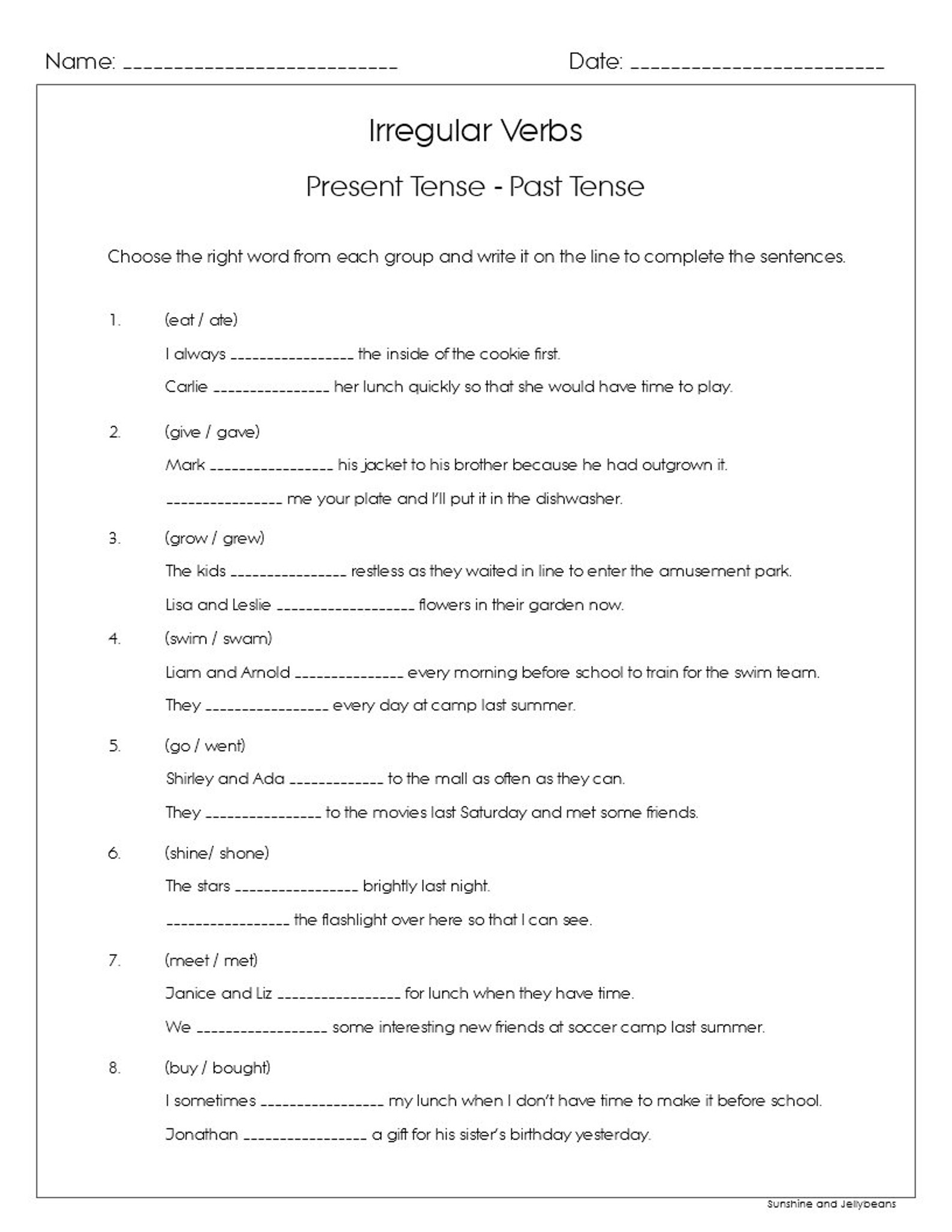 Irregular Verbs - Present Tense / Past Tense - 4 Worksheets - Grades 2 ...