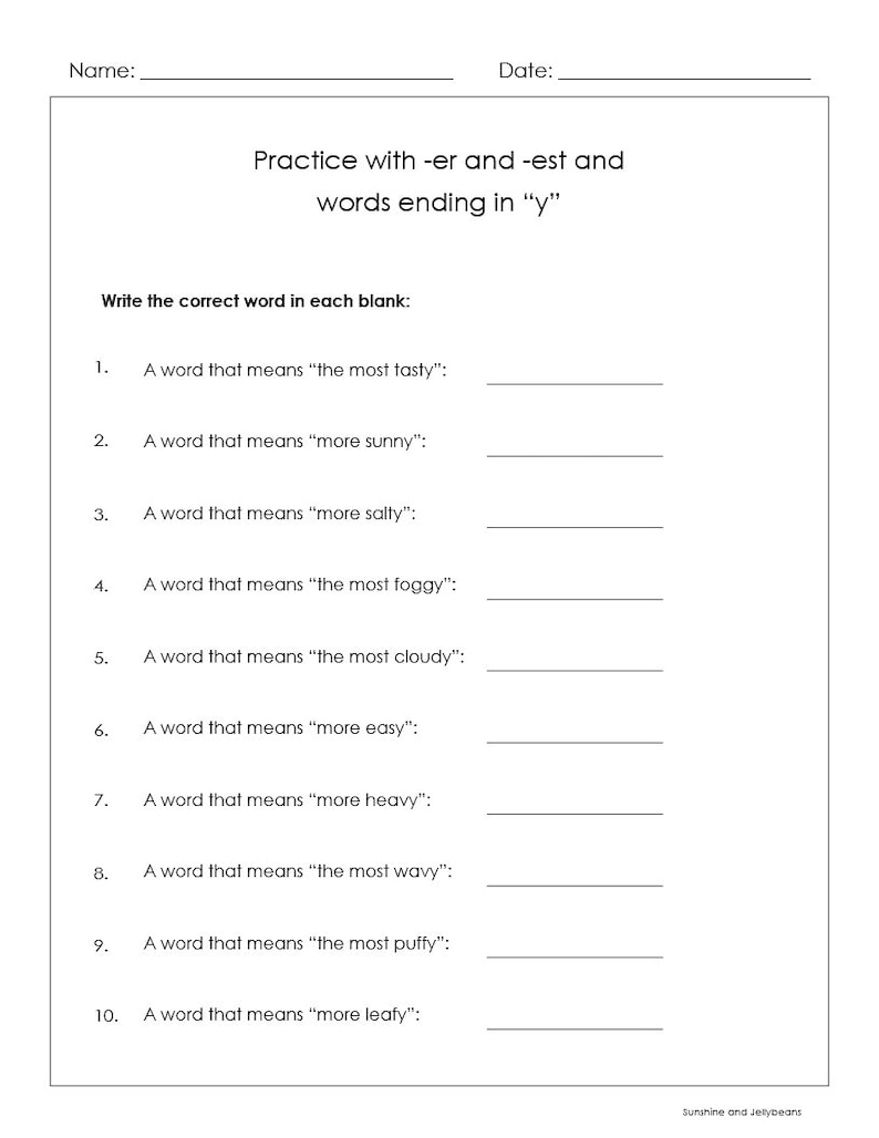 Comparative / Superlative -er and -est Suffixes - Words Ending in "y ...