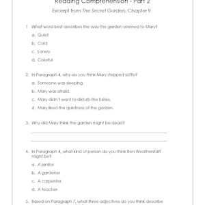 Reading Comprehension - "the Secret Garden" Excerpts - 6 Worksheets ...