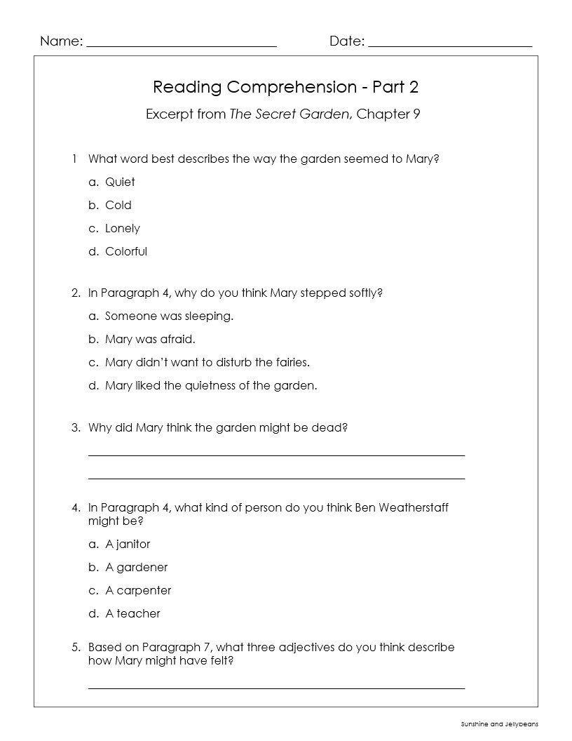 Reading Comprehension - "the Secret Garden" Excerpts - 6 Worksheets ...