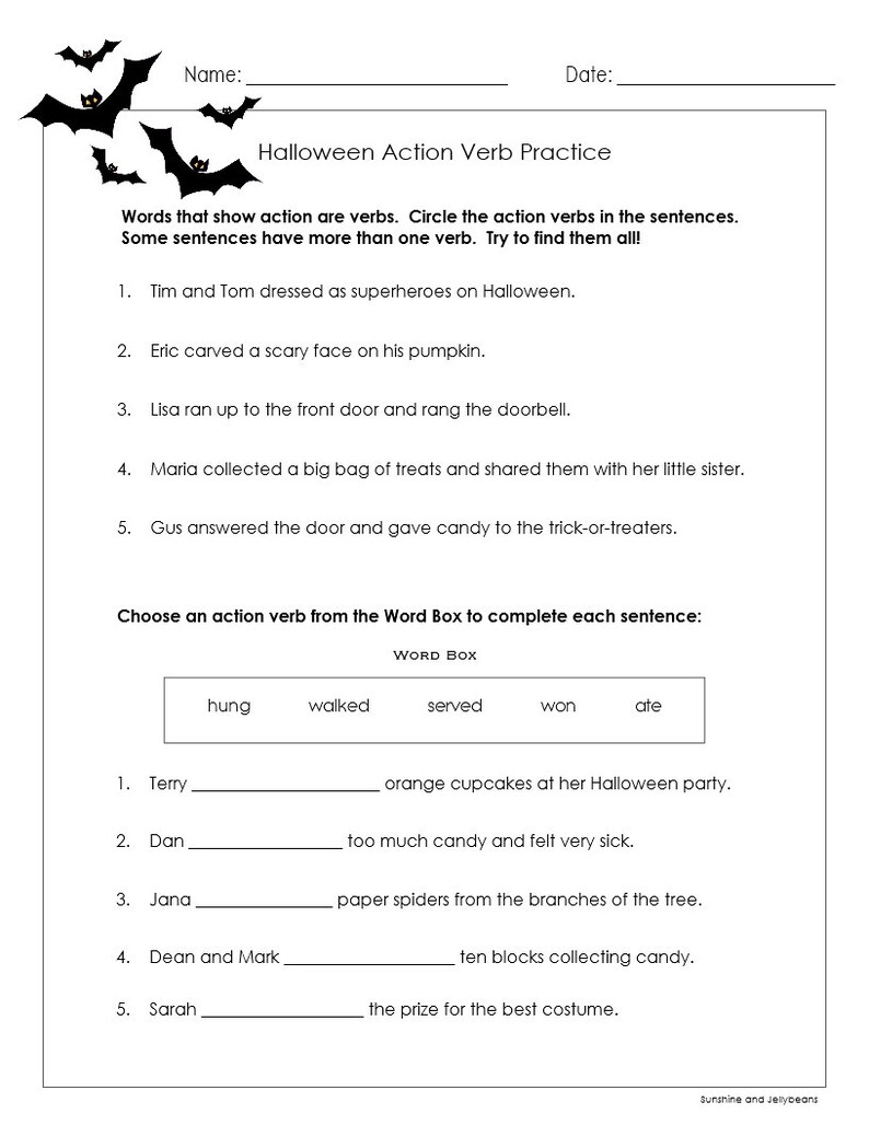 Action Verbs Practice - 3 Halloween Themed Worksheets - Grades 2-3 ...