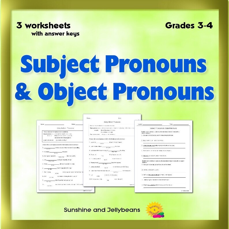 Subject and Object Pronouns 3 Worksheets Grades 3-4 With - Etsy