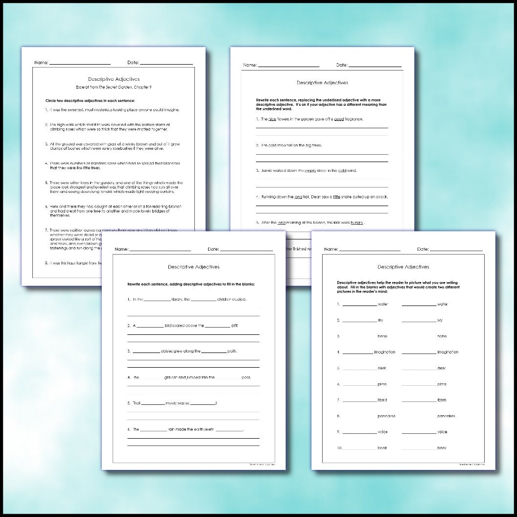 Descriptive Adjectives - Recognizing and Writing - 4 Worksheets ...