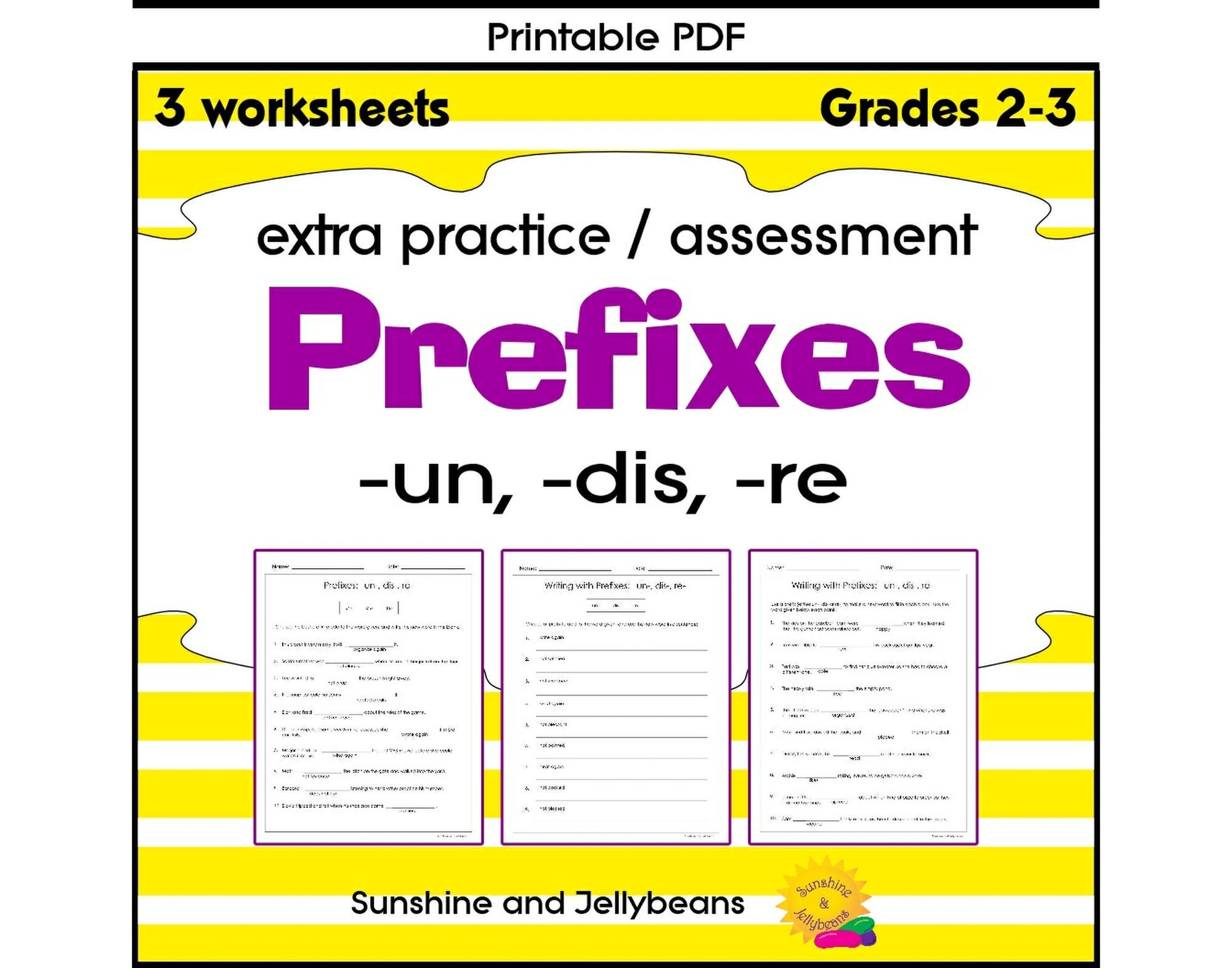 Prefixes: Un Dis Re / 3 Worksheets Grades 2-3 Practice / Review CCSS - Etsy