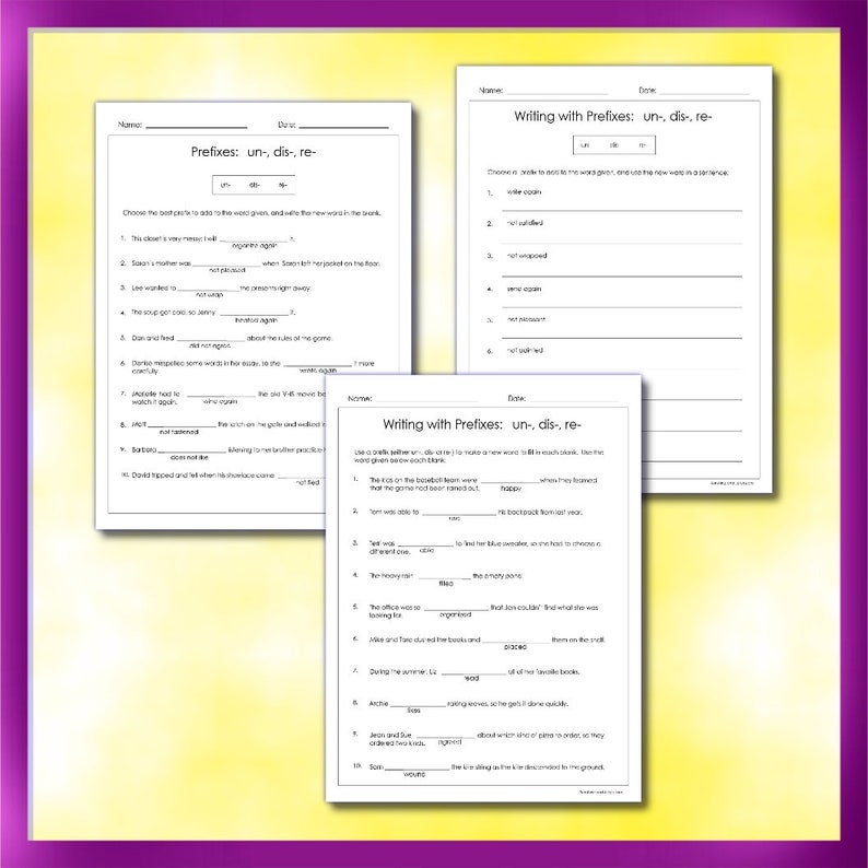 Prefixes: Un Dis Re / 3 Worksheets Grades 2-3 Practice - Etsy