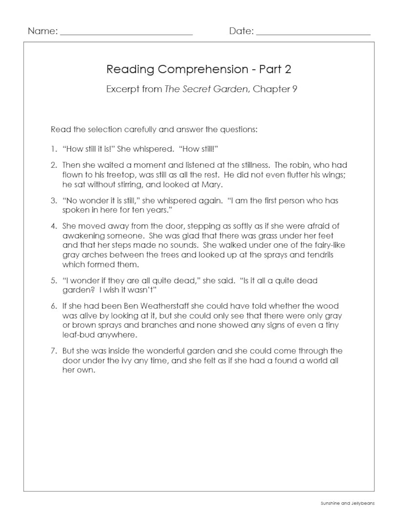 Reading Comprehension - "the Secret Garden" Excerpts - 6 Worksheets ...