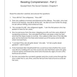 Reading Comprehension - "the Secret Garden" Excerpts - 6 Worksheets ...