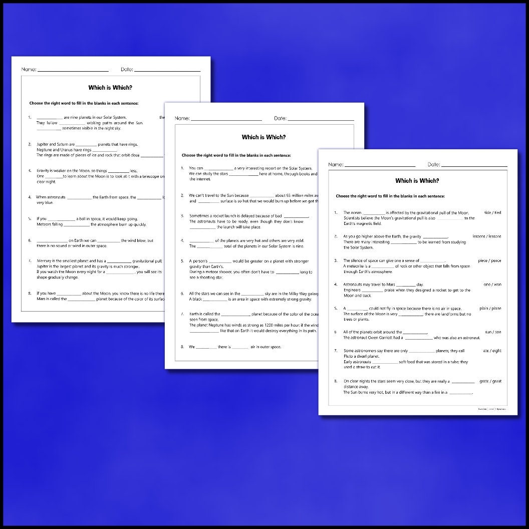 24 Homonyms - Outer Space Theme - Sound-alike - 3 Worksheets - Which is ...