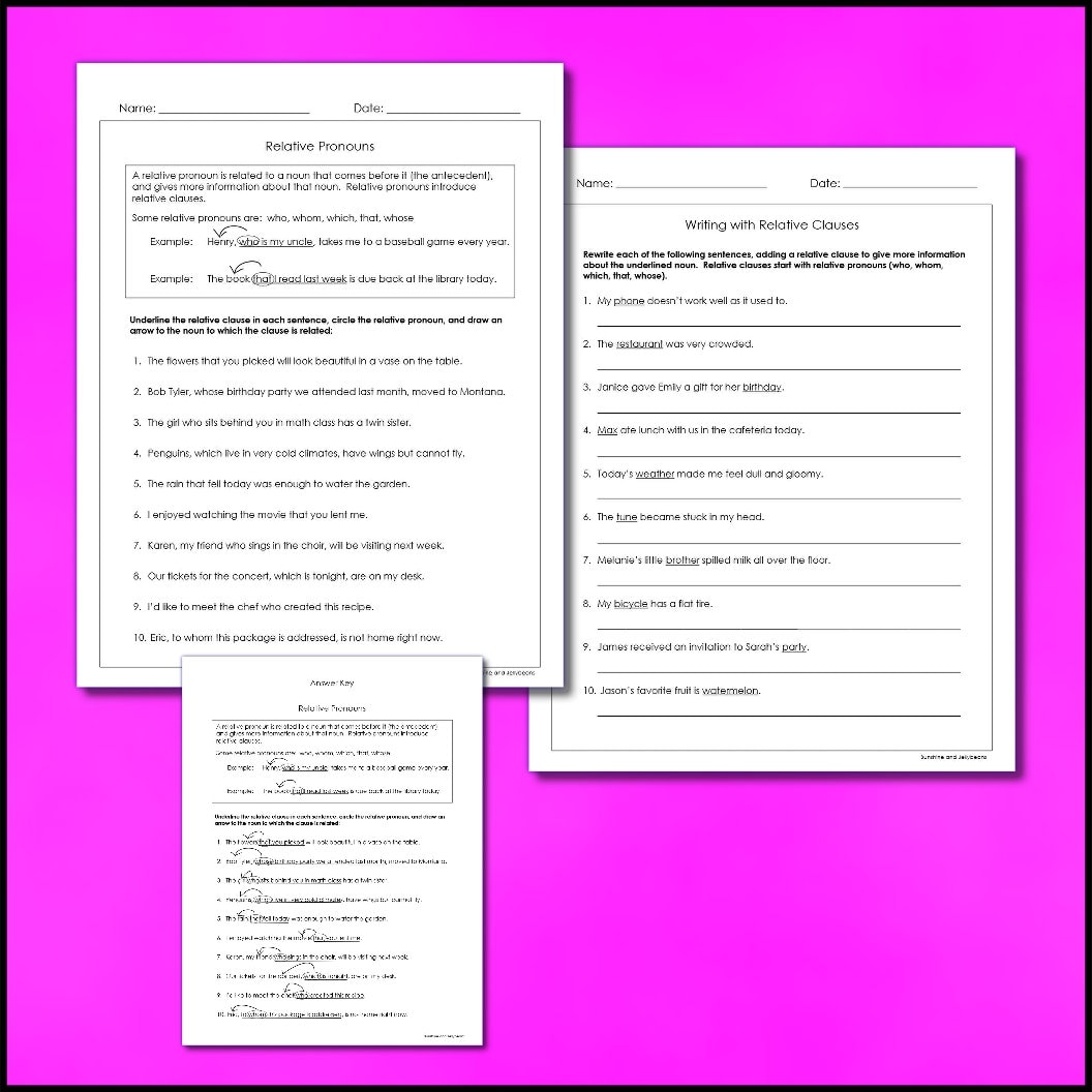Relative Pronouns and Relative Clauses, Antecedent Nouns - 2 Worksheets ...