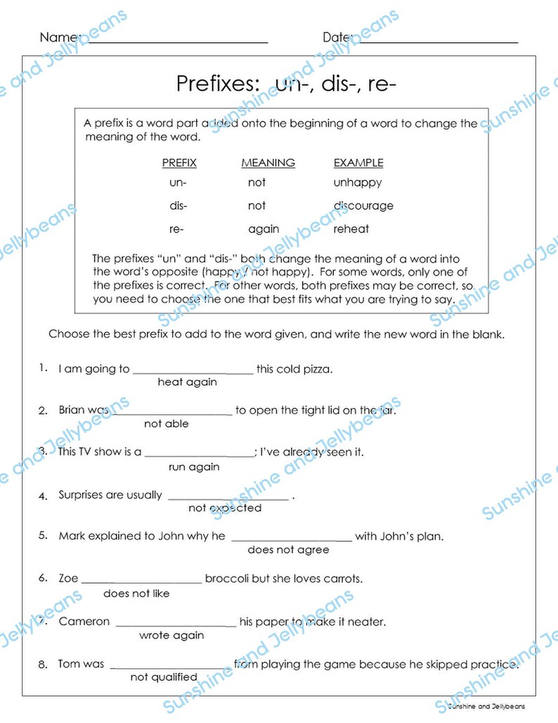 Prefixes Un- Dis- Re- Grammar Vocabulary Writing Skills No-prep ...