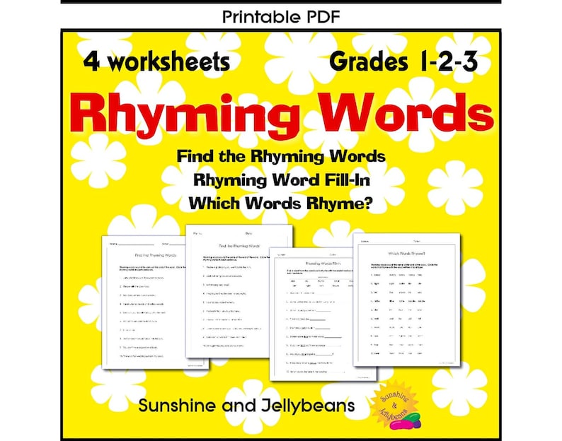 Rhyming Words - 4 Worksheets - Great Practice! - Grades 1, 2 and 3 ...