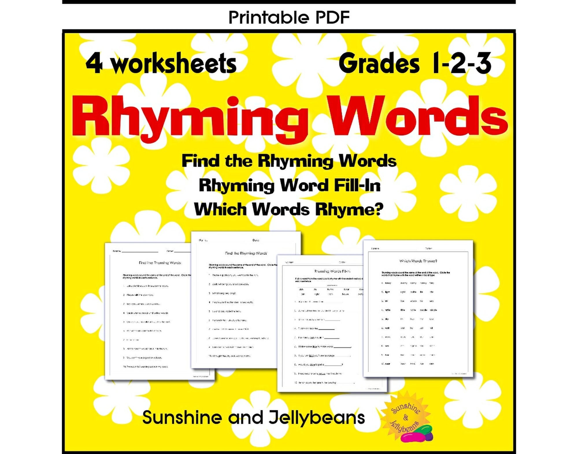 Rhyming Words - 4 Worksheets - Great Practice! - Grades 1, 2 and 3 ...