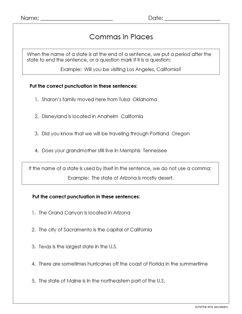 Commas in Dates Places Lists Letters Grades 2-3-4 7 Worksheets CCSS Pdf ...