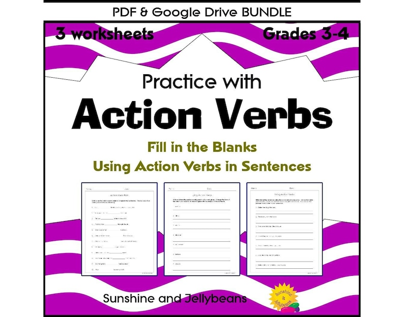 Action Verbs Practice - 3 Worksheets - Fill-in / Writing - Grades 3-4 ...