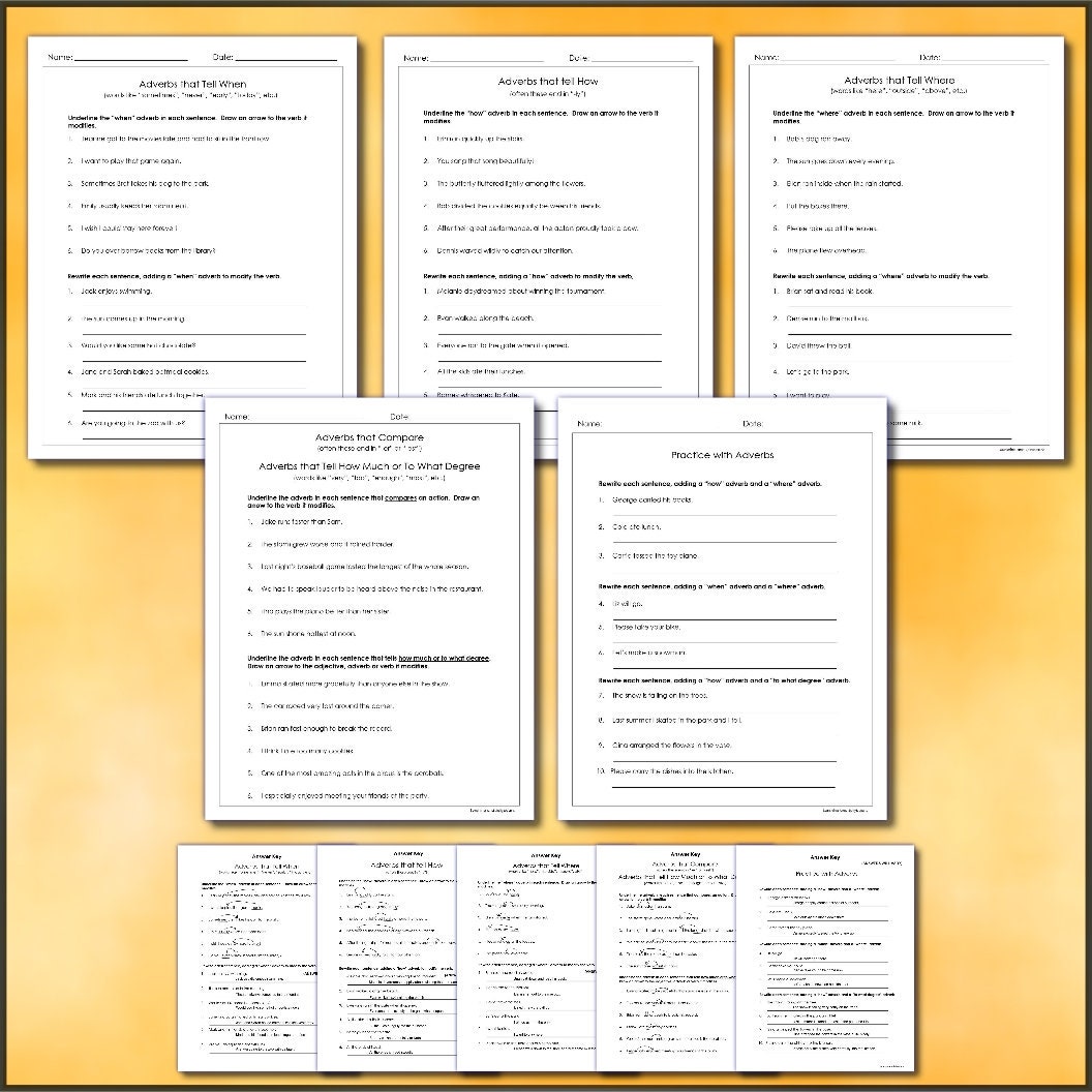 Types of Adverbs - Where / When / How - 5 Practice Worksheets - Grades ...