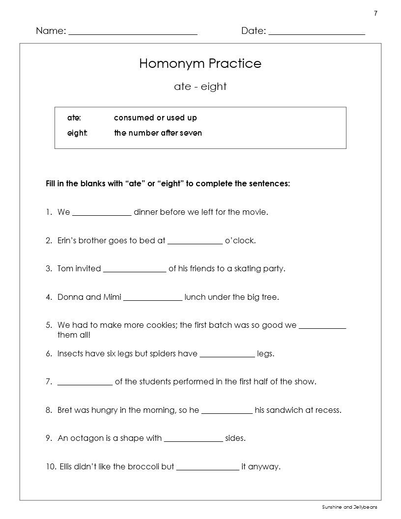 50 Homonyms on 50 Worksheets sound-alike Words Grades 3-4 Which is ...