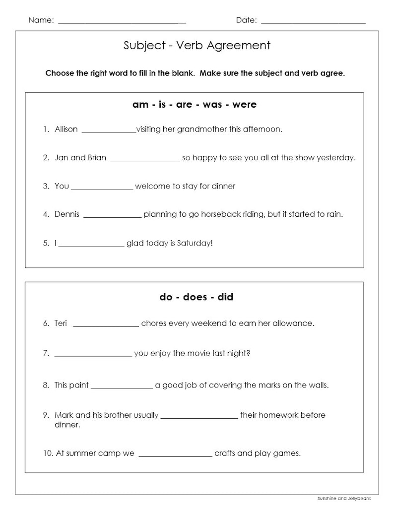 Subject Verb Agreement Worksheets: Parts of Speech, Writing, Grammar No ...