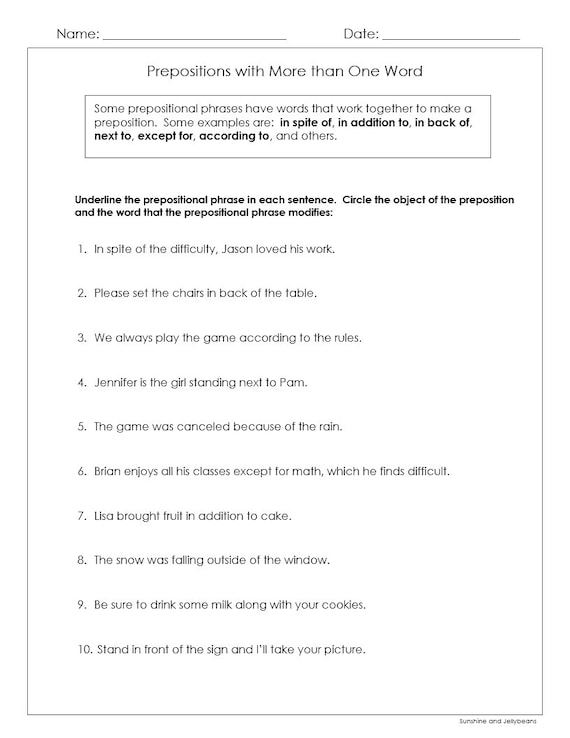 Prepositional Phrases Worksheets