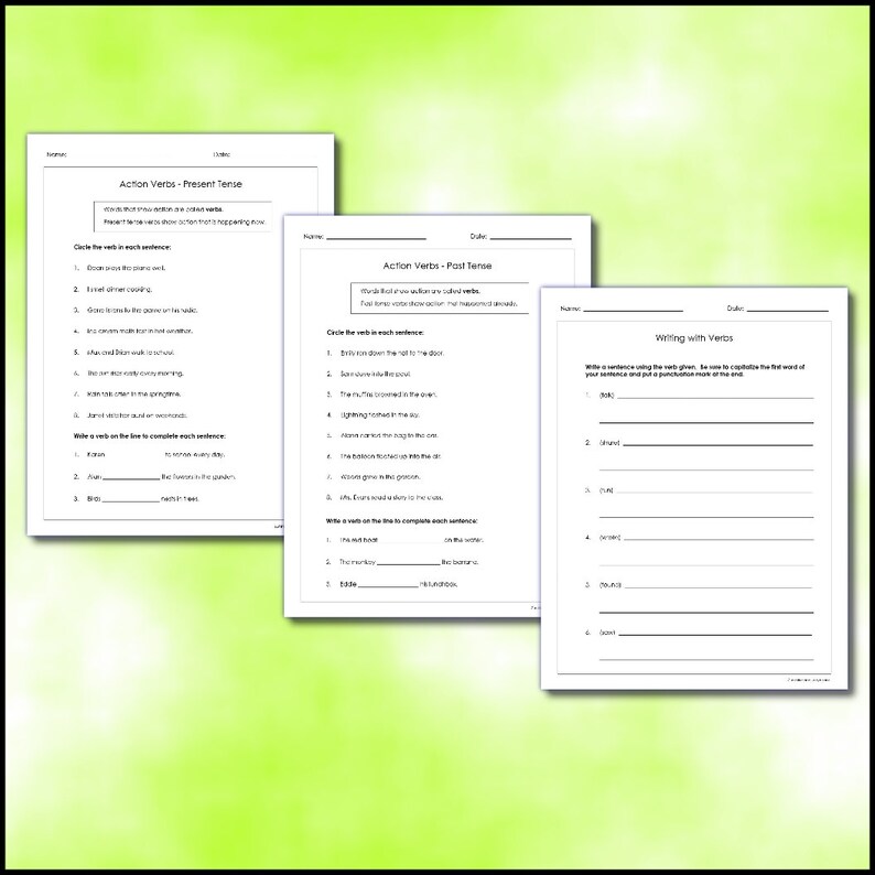 Action Verbs - Present and Past Tense - 3 Worksheets - Grades 1-2 ...