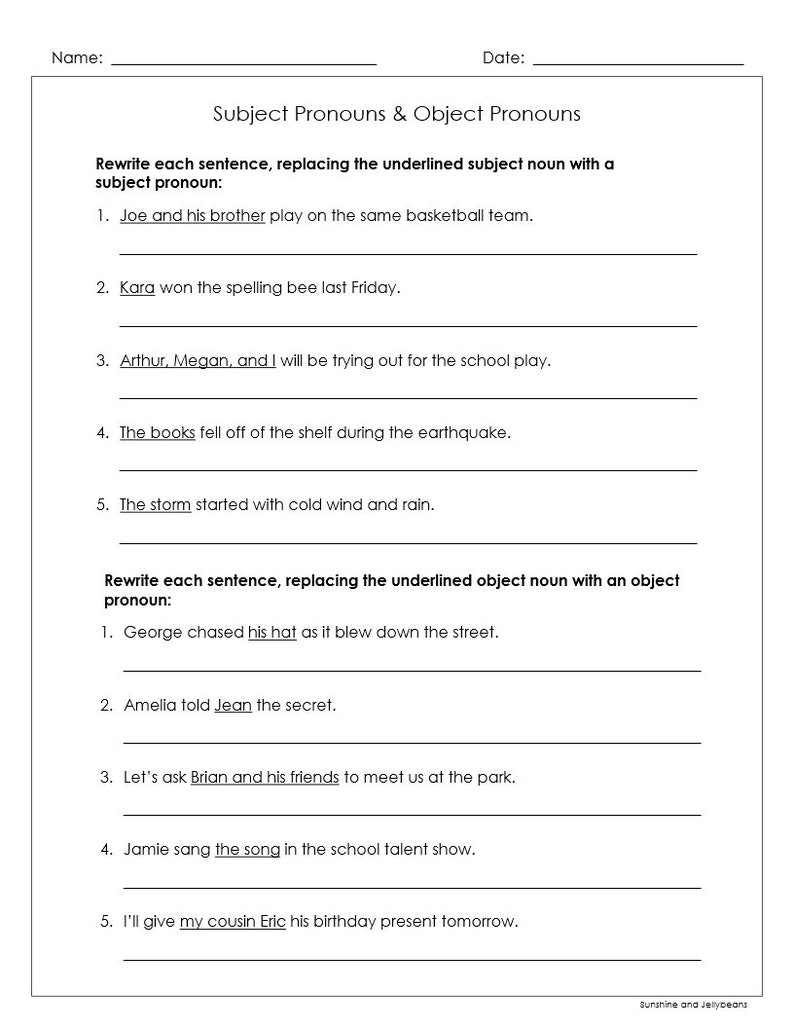 Subject and Object Pronouns - 3 Worksheets - Grades 3-4 - With ...