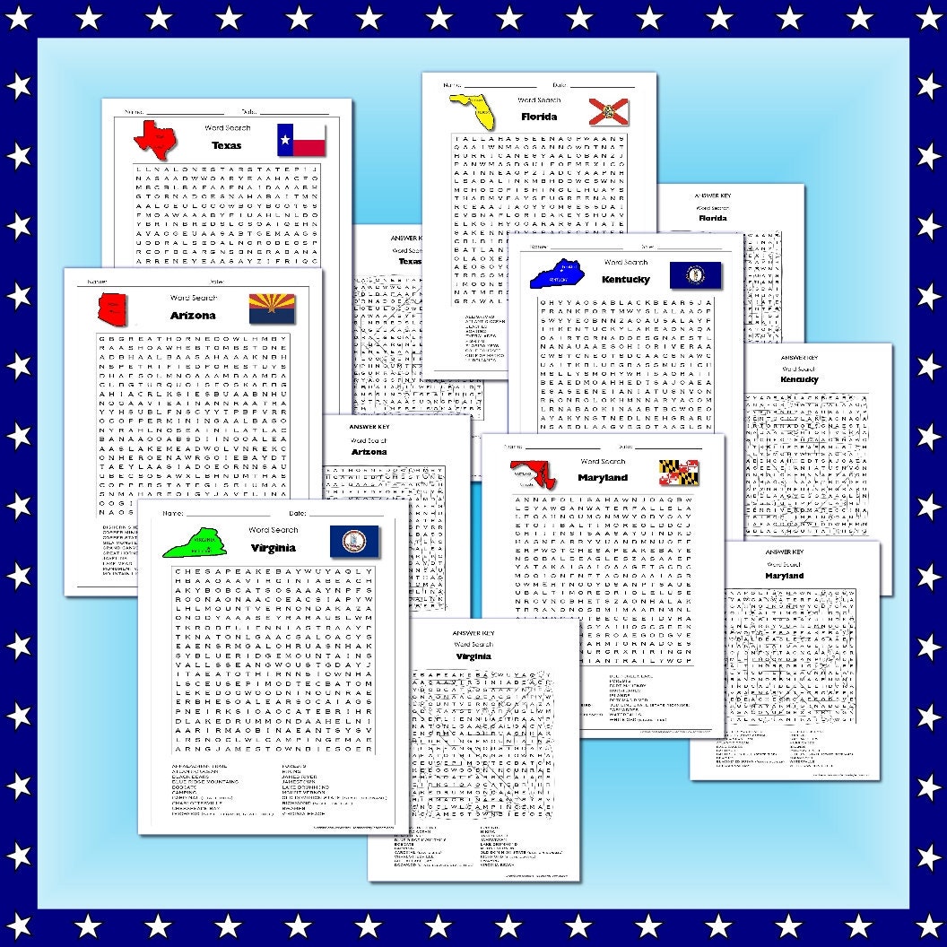 50 States Word Search Puzzles - U.S. States Geography Activity - Grades ...