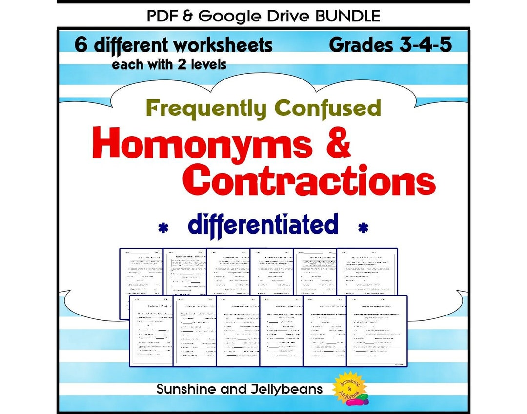 Homonyms and Contractions - Differentiated - 6 Practice Worksheets ...