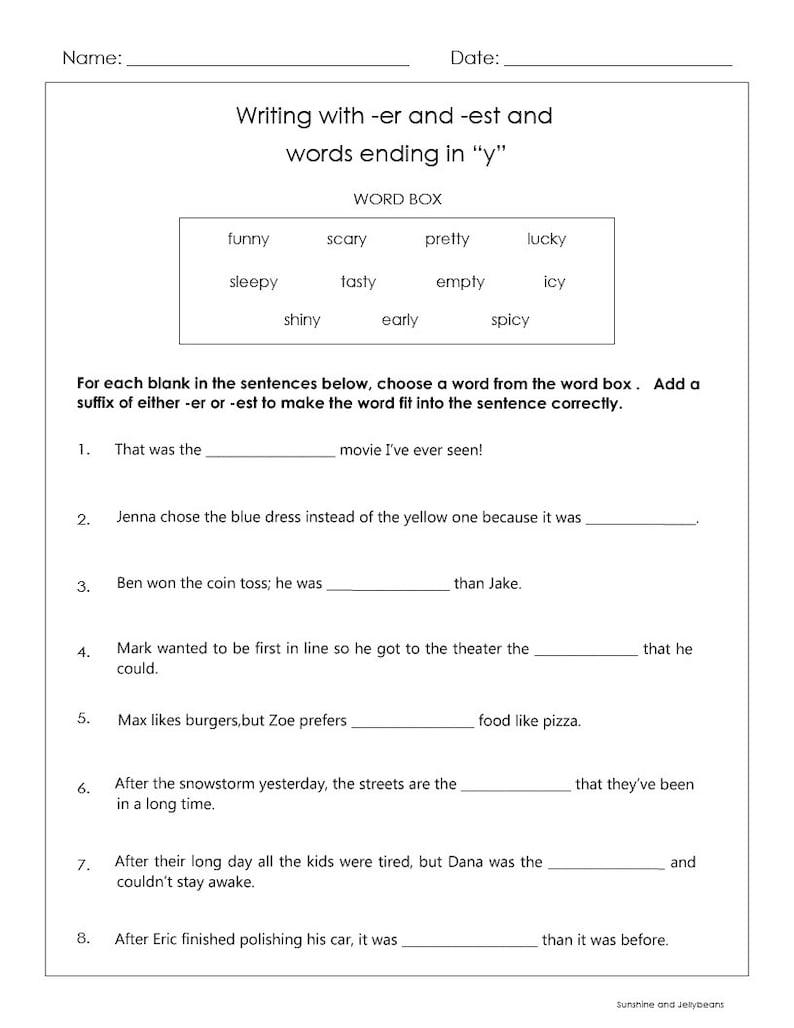 Comparative / Superlative -er and -est Suffixes - Words Ending in "y ...