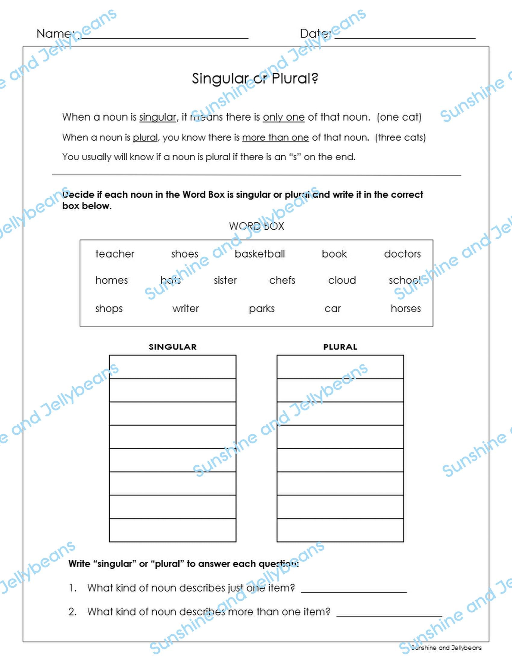 Singular and Plural Nouns Grades 1-2 - Parts of Speech, Writing, ELA ...