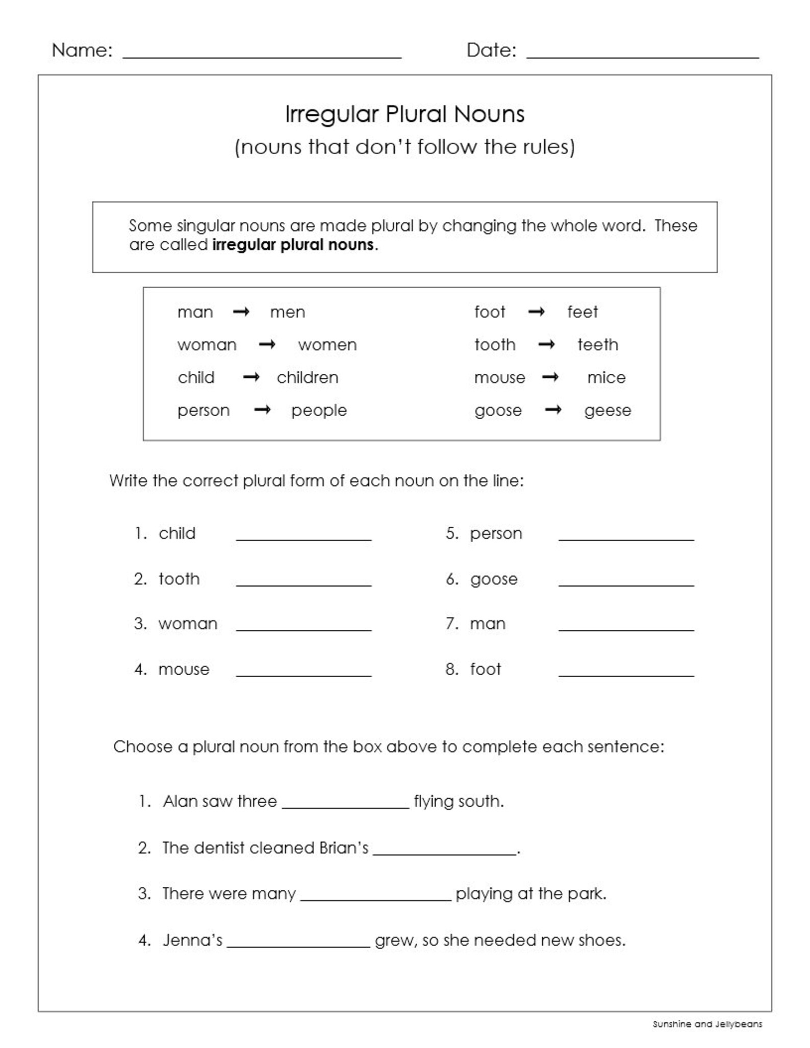 Plural Nouns - Regular and Irregular - 8 Worksheets - Grades 2-3 - CCSS ...
