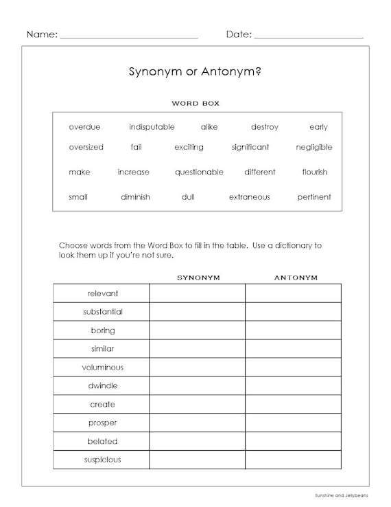 Synonyms Antonyms Worksheet