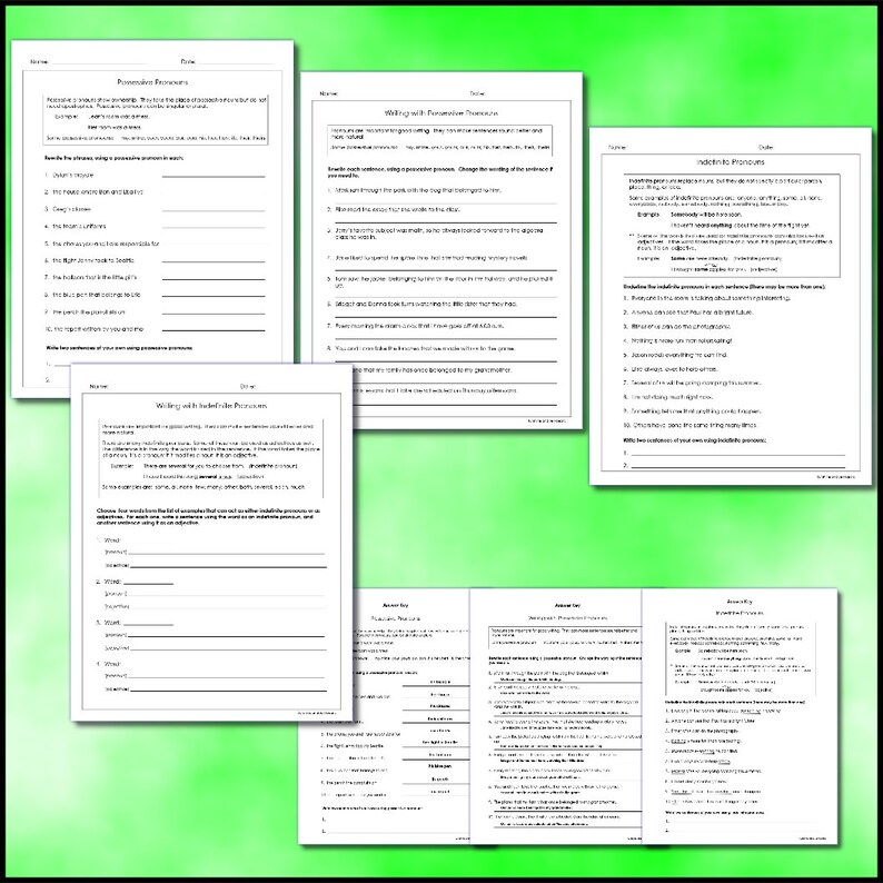 Possessive and Indefinite Pronouns - 4 Worksheets - Grades 4-5-6 ...