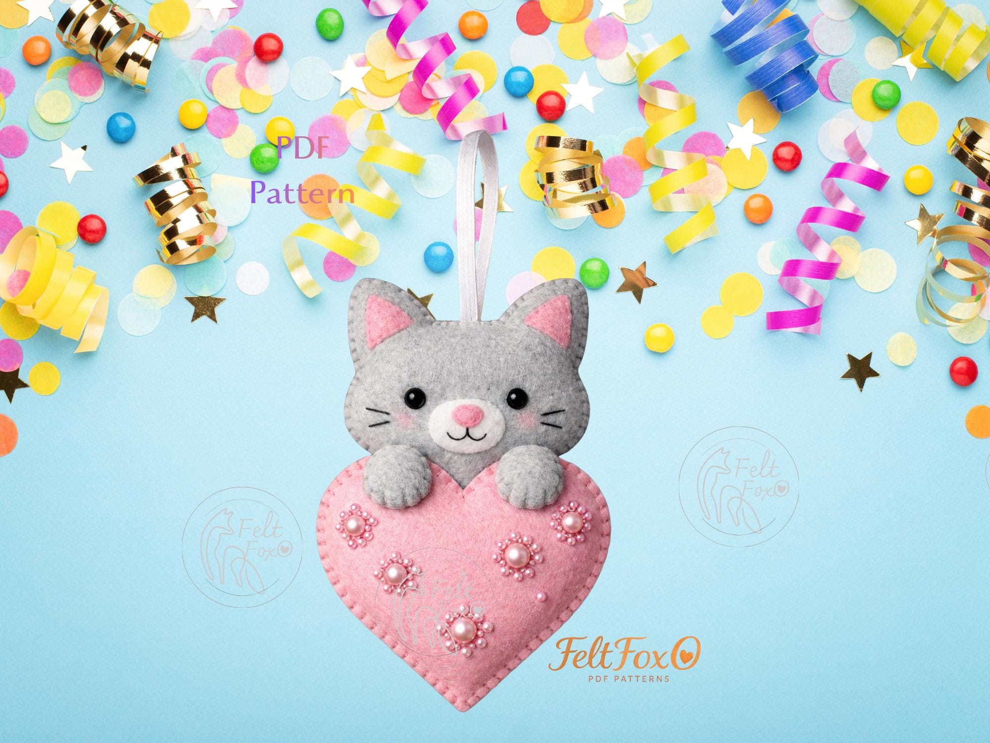 Cat Felt Ornament PDF Pattern | Valentine Heart Cat Easy Sewing ...