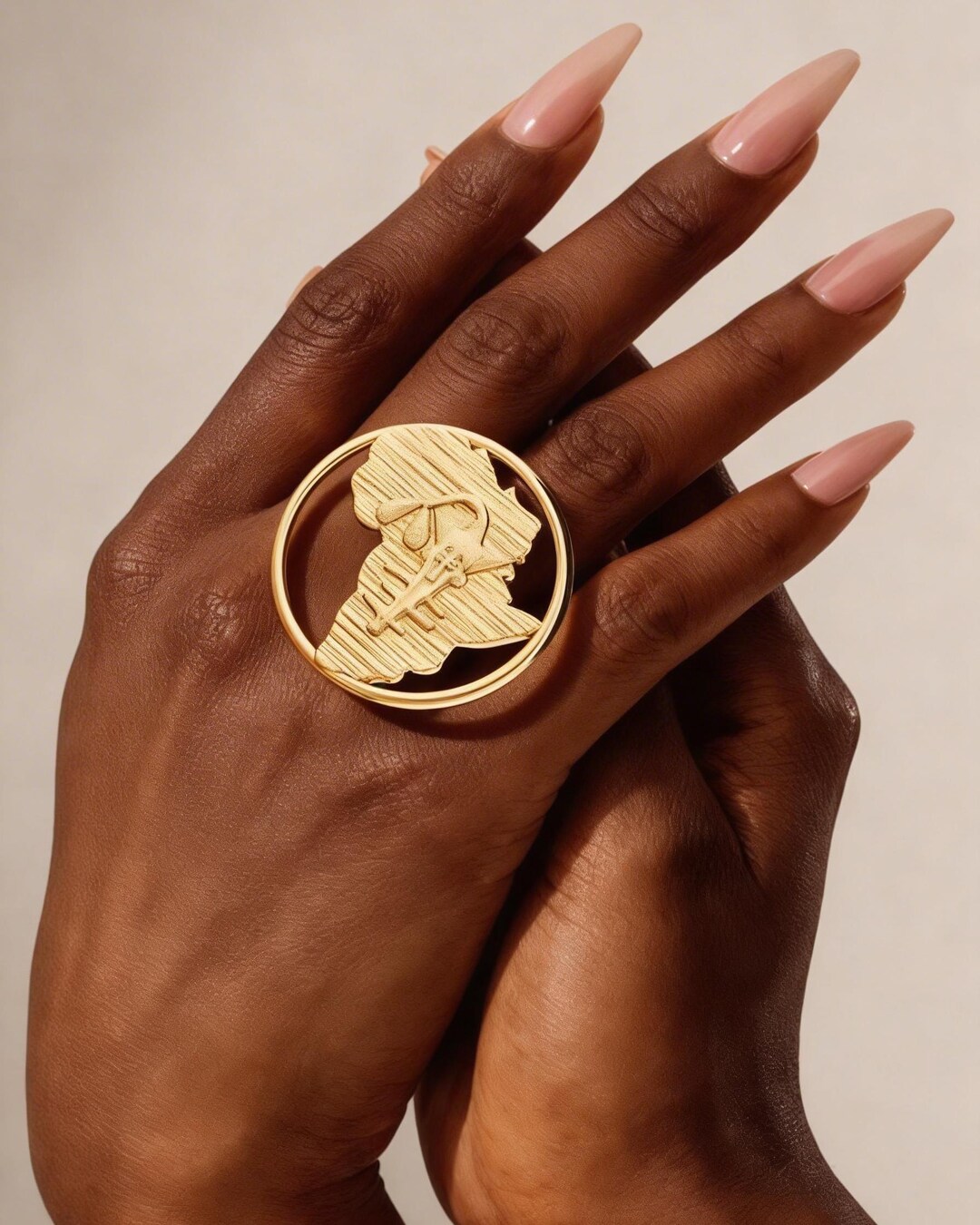 Round Africa Map Ring Set | 18K Gold Plated Afrocentric Statement ...