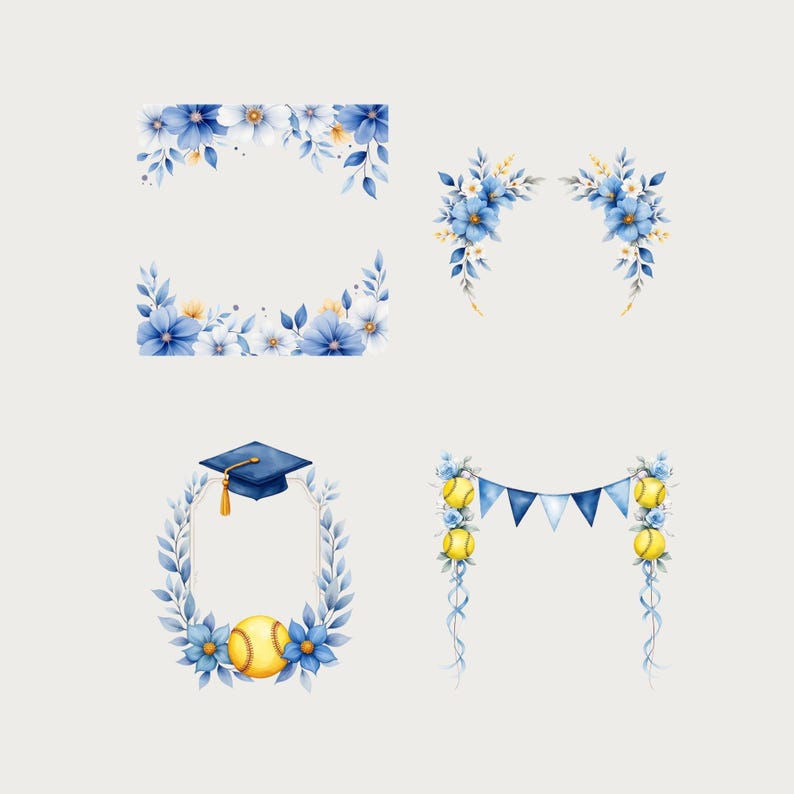 Softball Graduation Clipart Bundle, Watercolor Senior PNG Elements ...