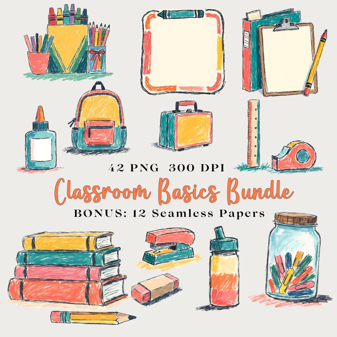 Classroom Bundle Crayon Doodle Clipart PNG, School Supply Images ...