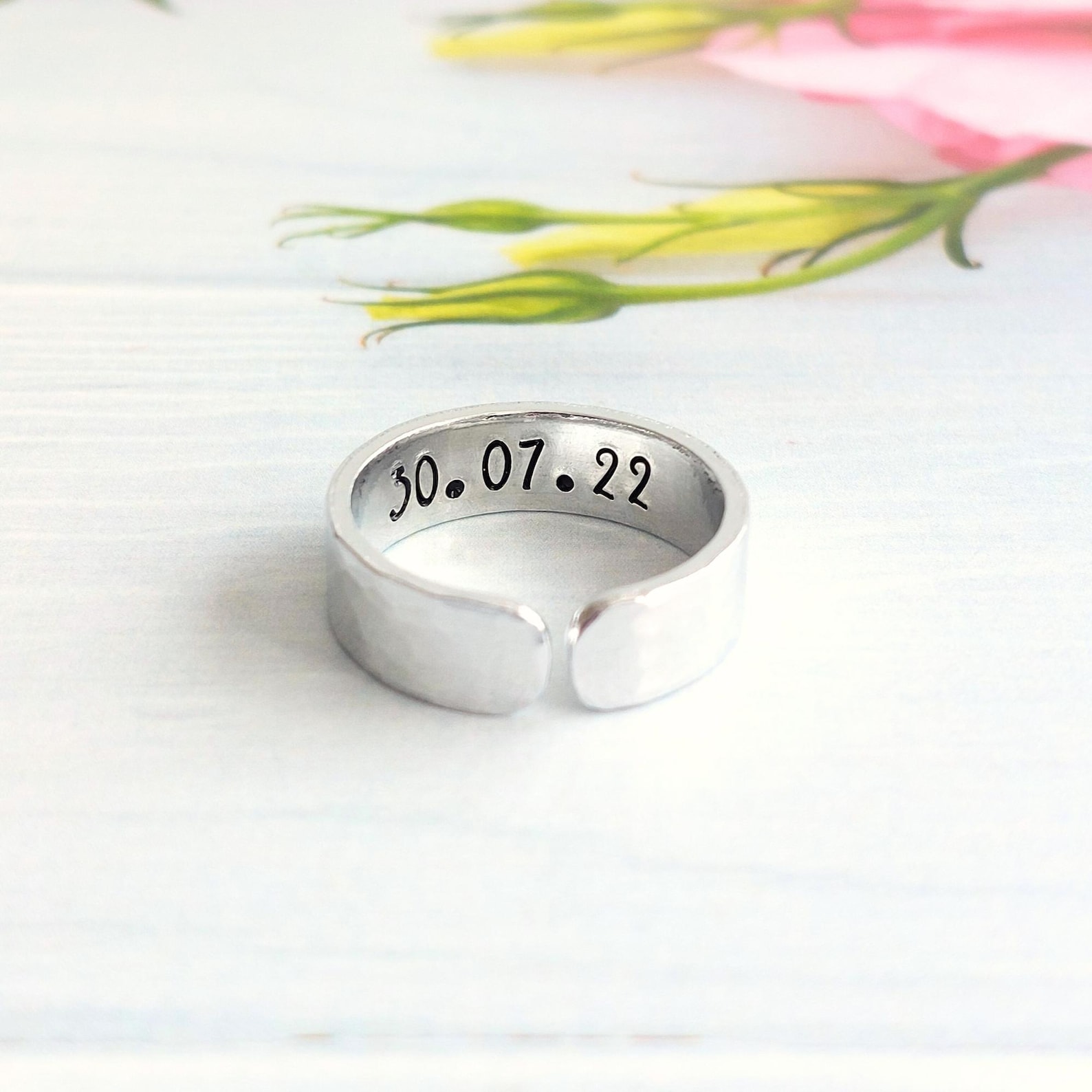Hidden Message Ring, Handstamped Aluminium 6mm Cuff Ring, Personalised ...