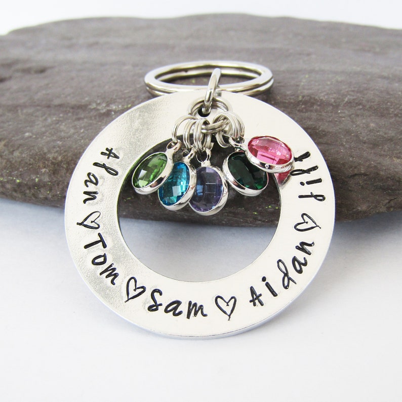 Family Birthstone Keyring Personalised Names Keychain | Etsy