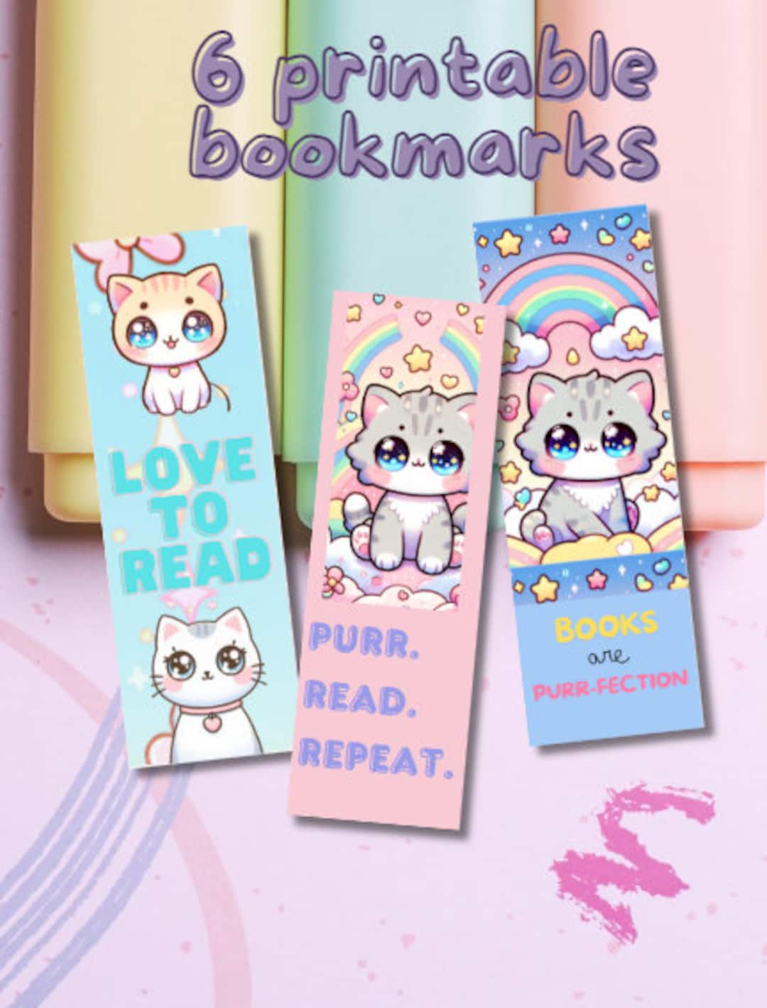 Kawaii Cat Bookmarks, Watercolor Kitty, Set of 6 (printable PDF) - Etsy
