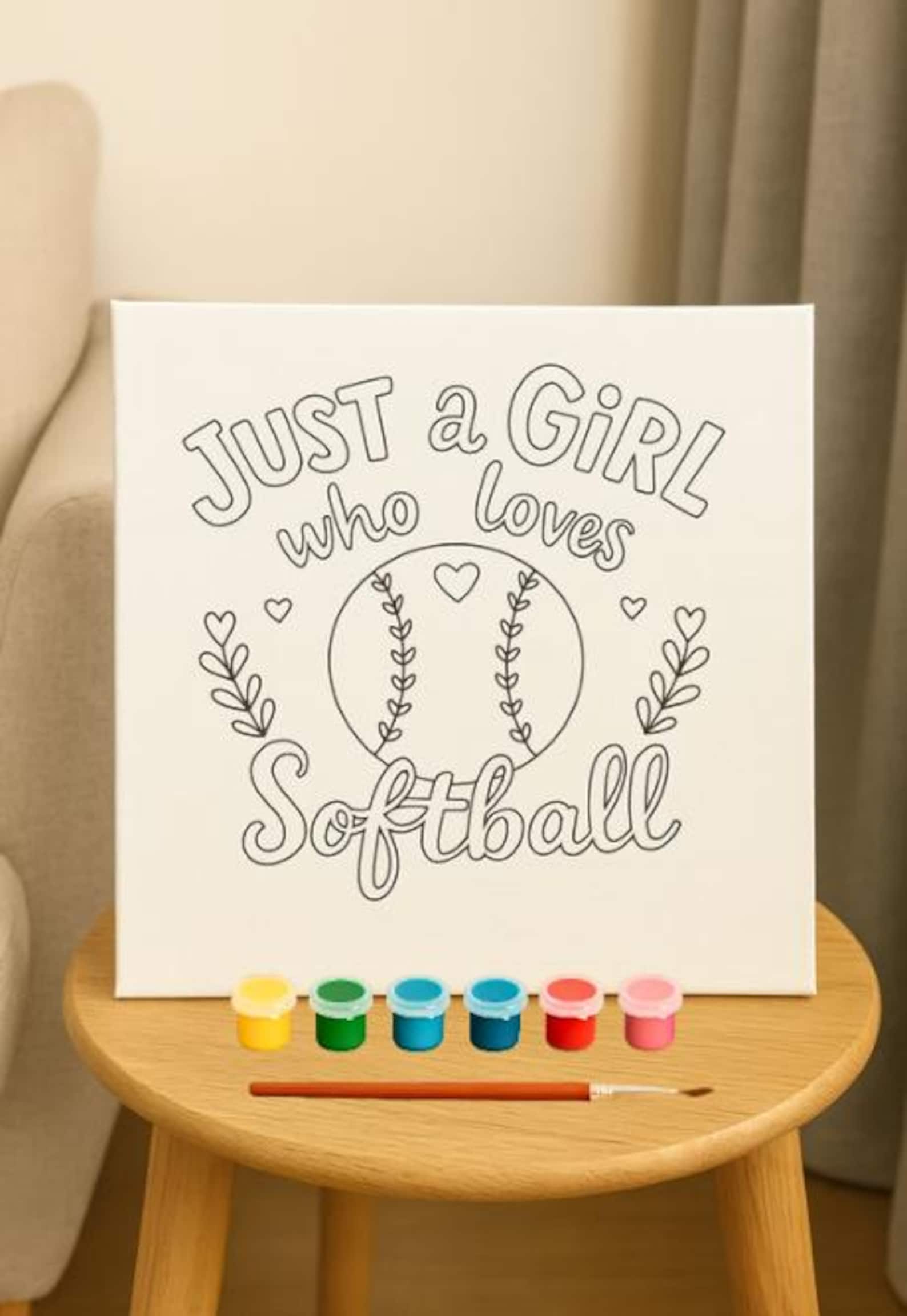 Softball Paint Your Own Canvas Kit, Party Favors for Kids, Just a Girl ...