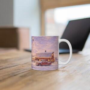 Winter Farmhouse Mug, Cozy Barn & Red Truck Coffee Cup, Rustic Holiday ...