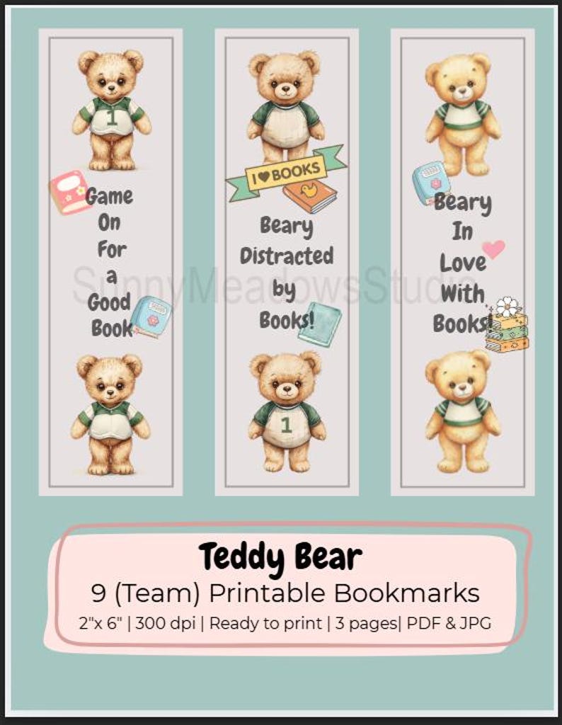 Teddy Bear Sports Bookmarks – Set of 9 Printable Designs (PDF & JPG) - Etsy
