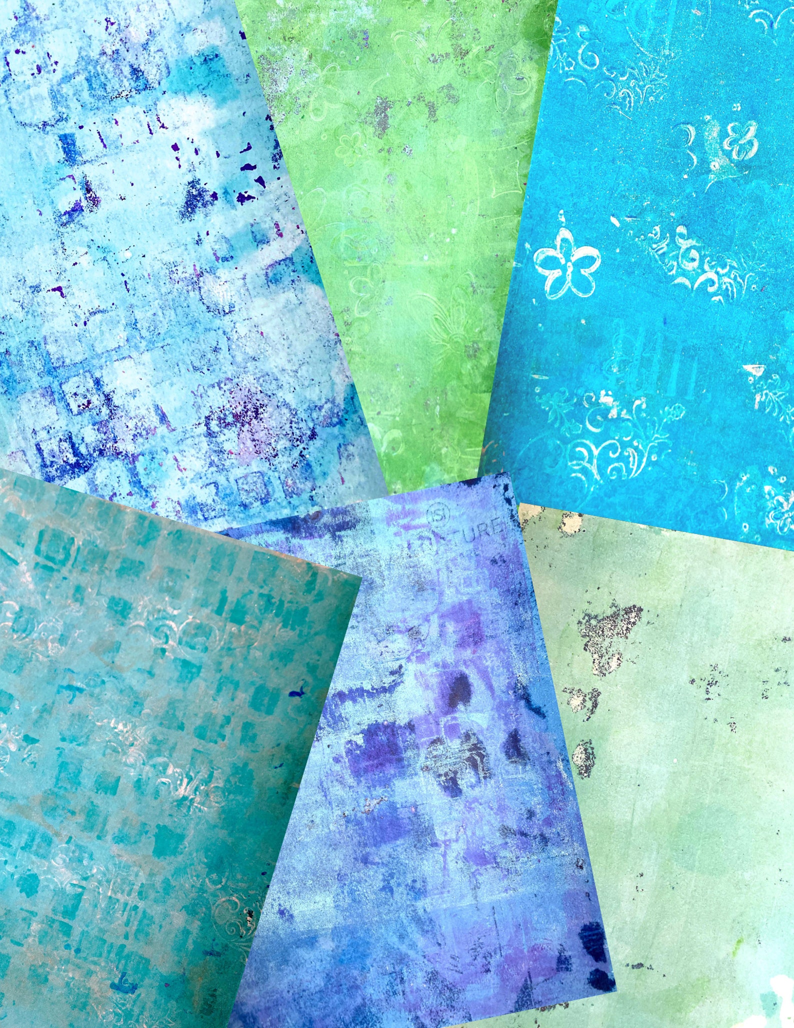 Hand Painted Gelli Print Paper, Blue Green Scrapbook, Art Projects ...