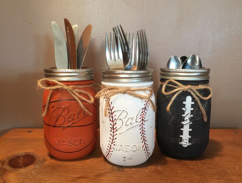 SALE, Sports Theme Mason Jars, Set of 3 Pint Sports Mason Jars ...