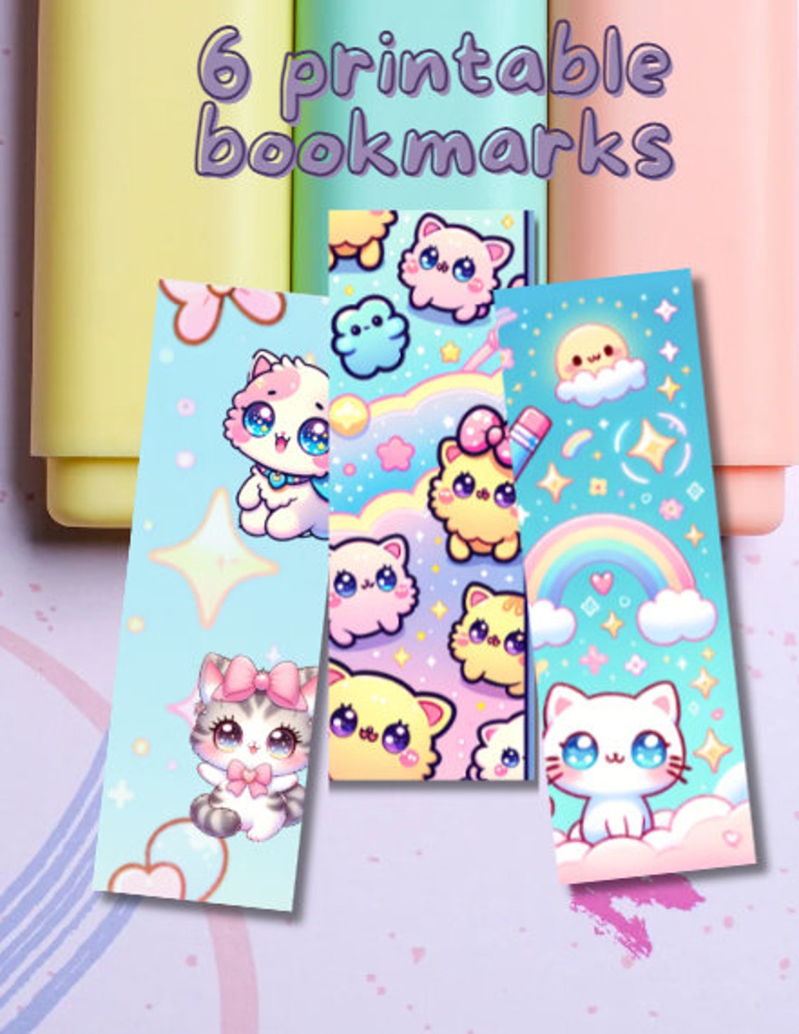 Kawaii Cat Bookmarks, Watercolor Kitty, Set of 6 (printable PDF) - Etsy
