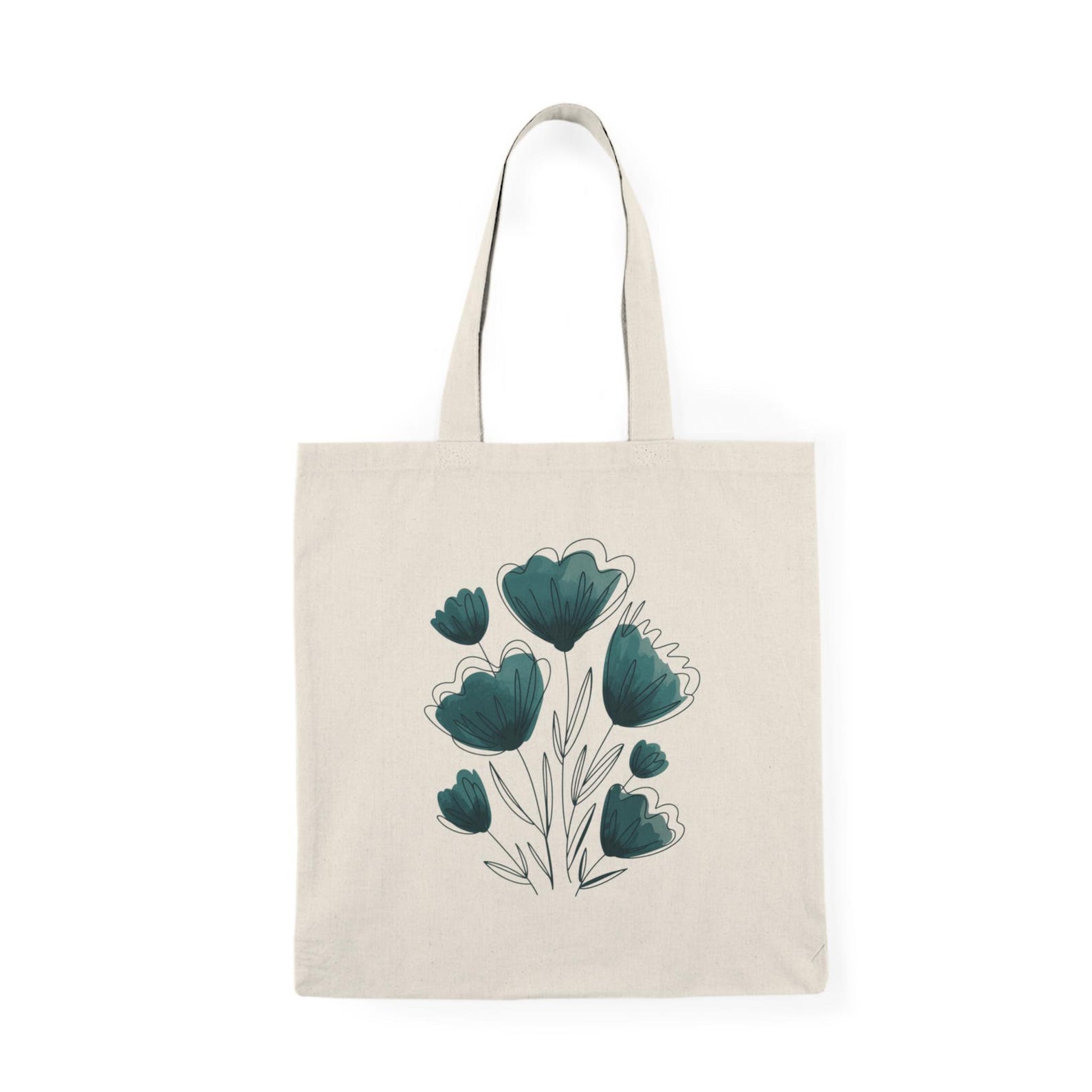 Boho Teal Blue Floral Canvas Tote Bag Monochromatic Flower Bag on ...