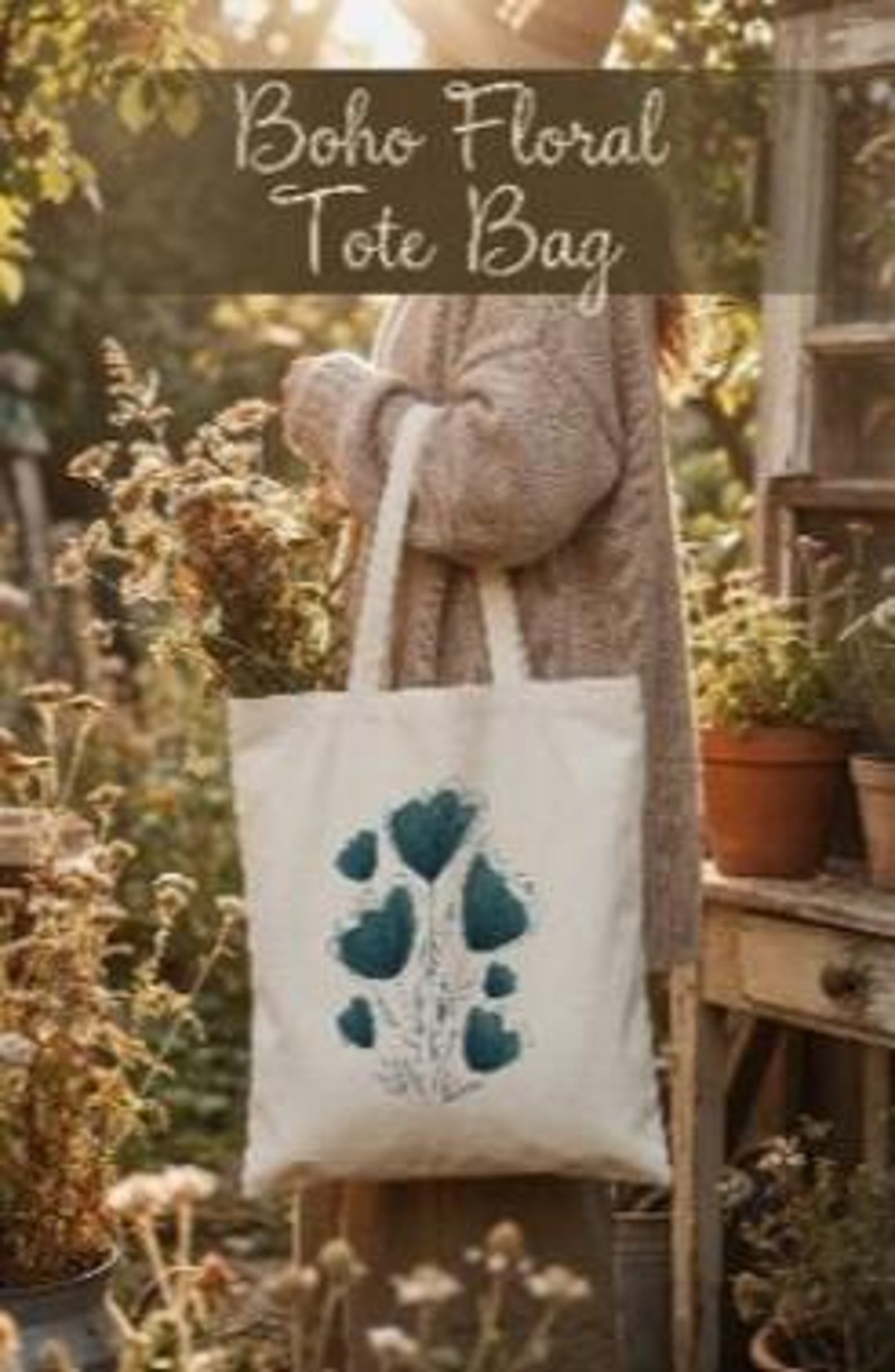 Boho Teal Blue Floral Canvas Tote Bag Monochromatic Flower Bag on ...