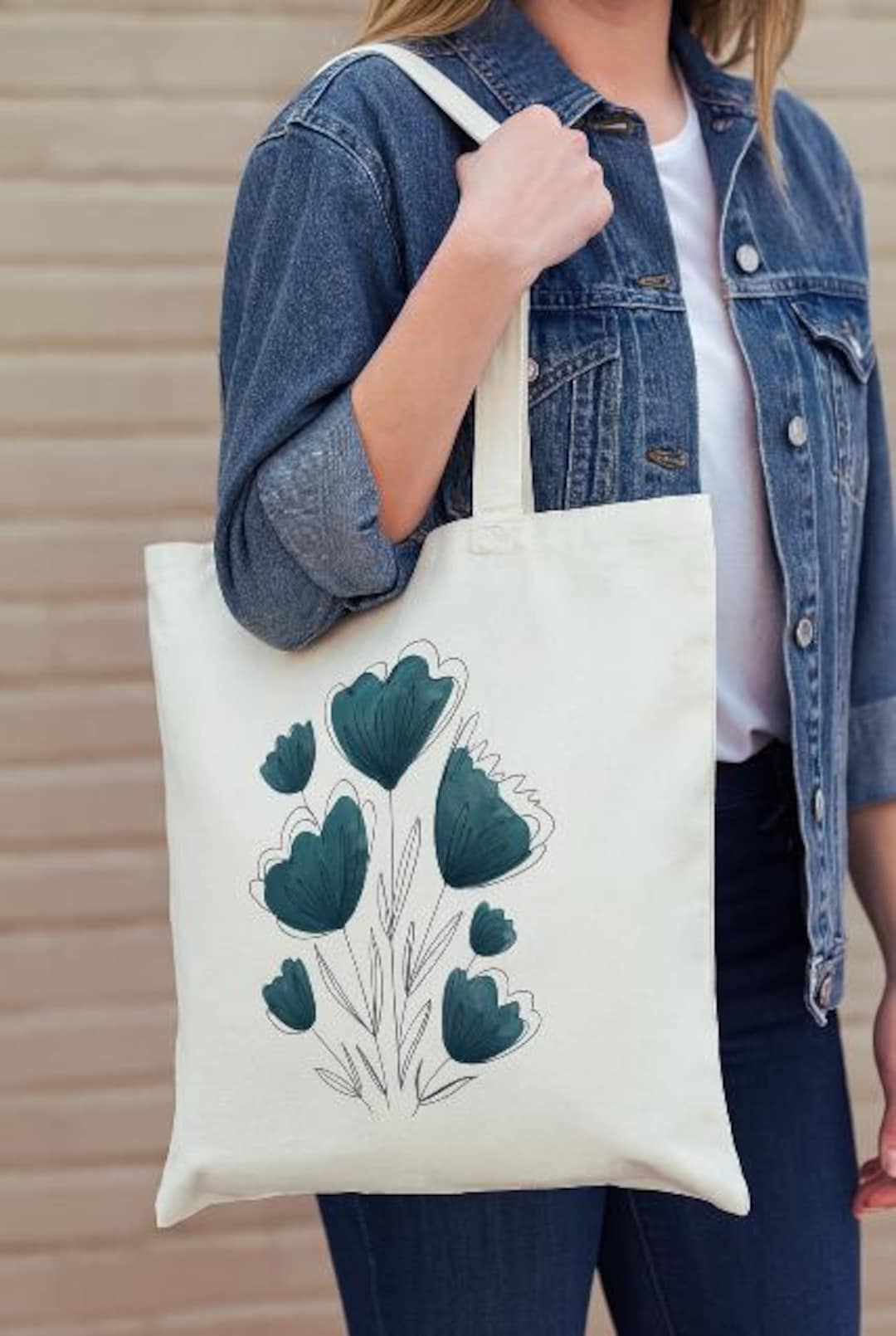 Boho Teal Blue Floral Canvas Tote Bag Monochromatic Flower Bag on ...